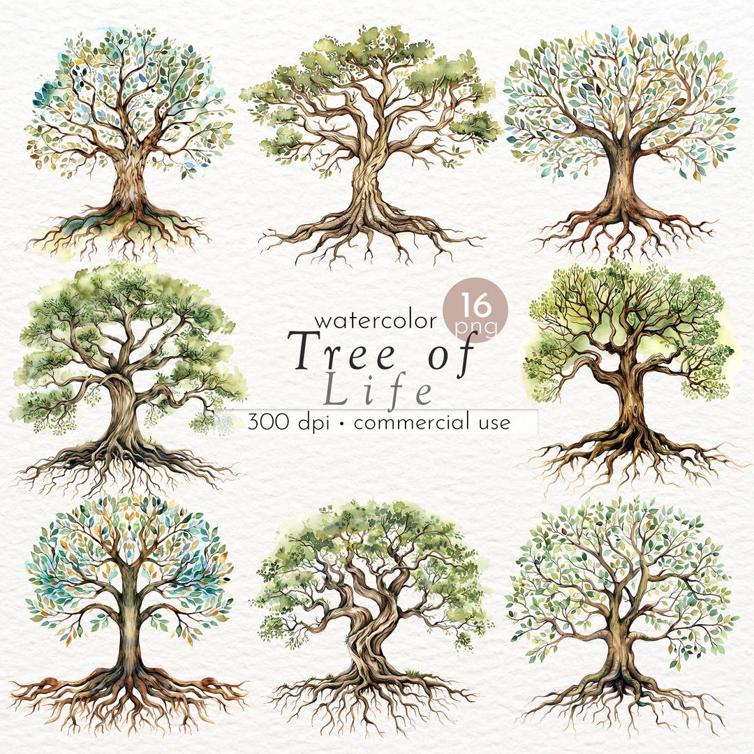 Tree of Life With Roots Clipart, Oak Family Tree Clipart, Watercolor ...