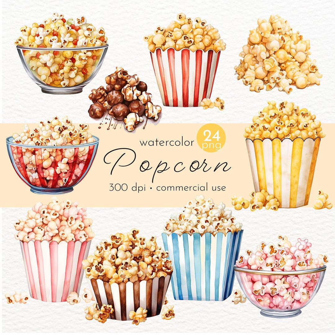 Watercolor Popcorn Clipart: PNG Bundle, Movie Party Graphics (instant ...