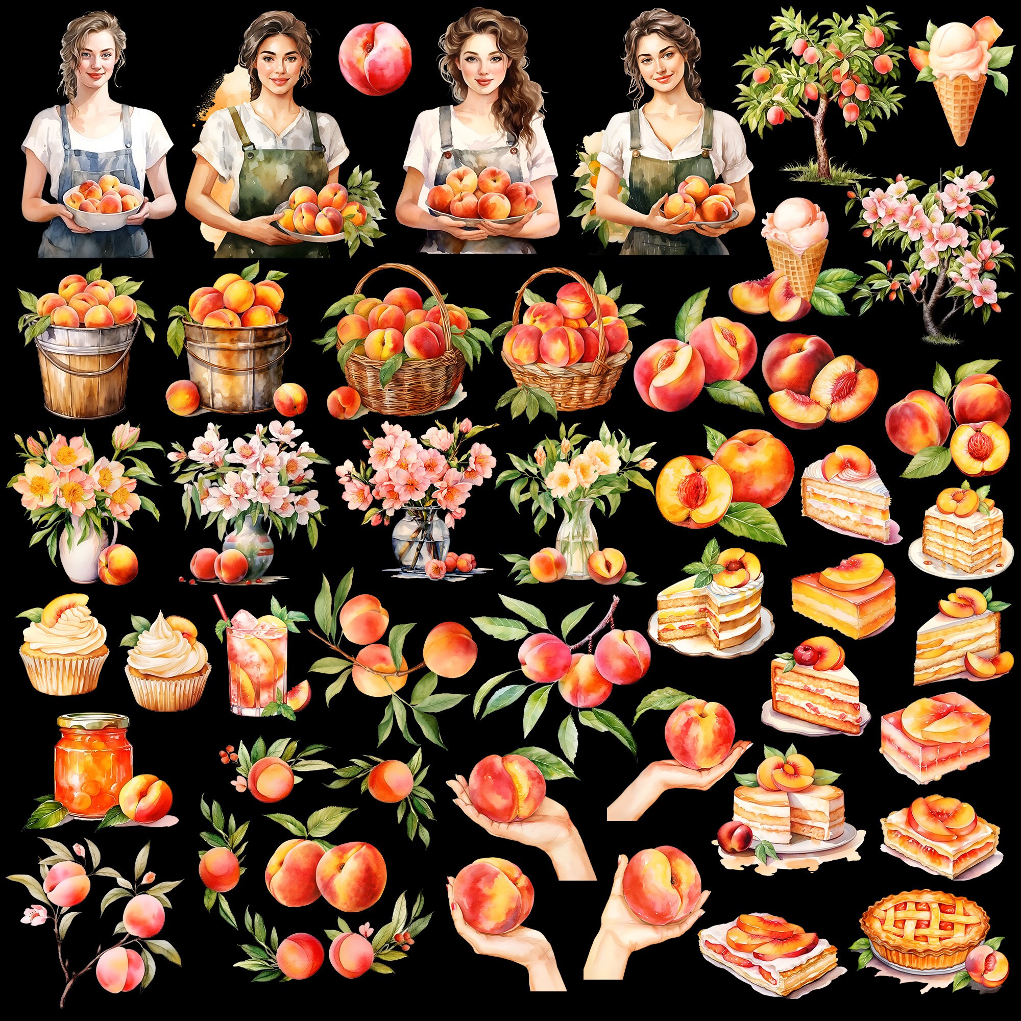 Watercolor Peach Clipart Bundle, Peach Pie, Basket of Peach, Images of ...