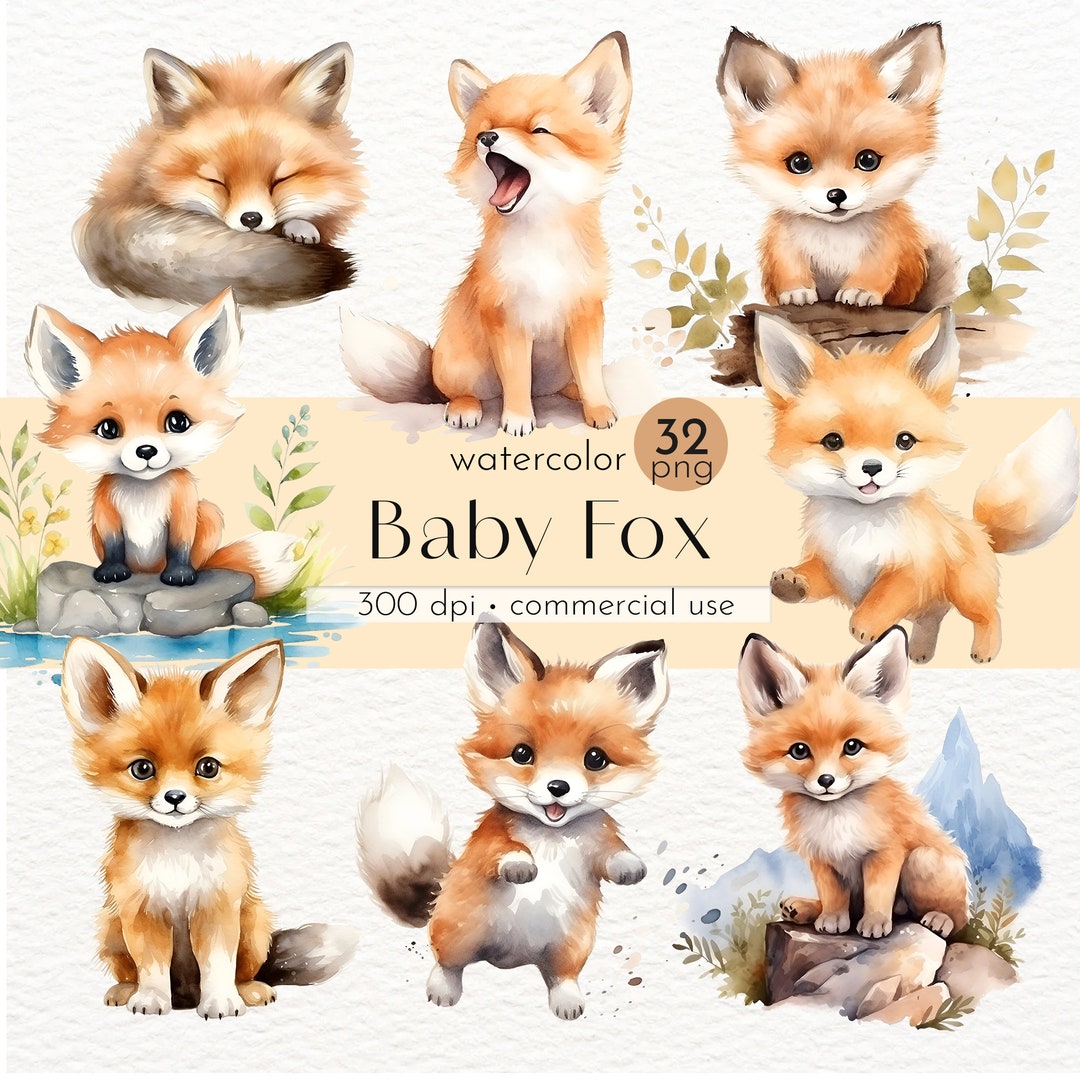 Cute Baby Fox Clipart, Watercolor Fox, Baby Shower Clipart, Baby Fox ...