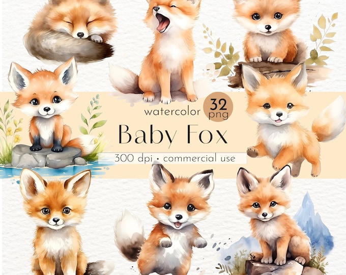 32 Baby Foxes Watercolor Clipart, Cute Fox Clipart, PNG Individual ...