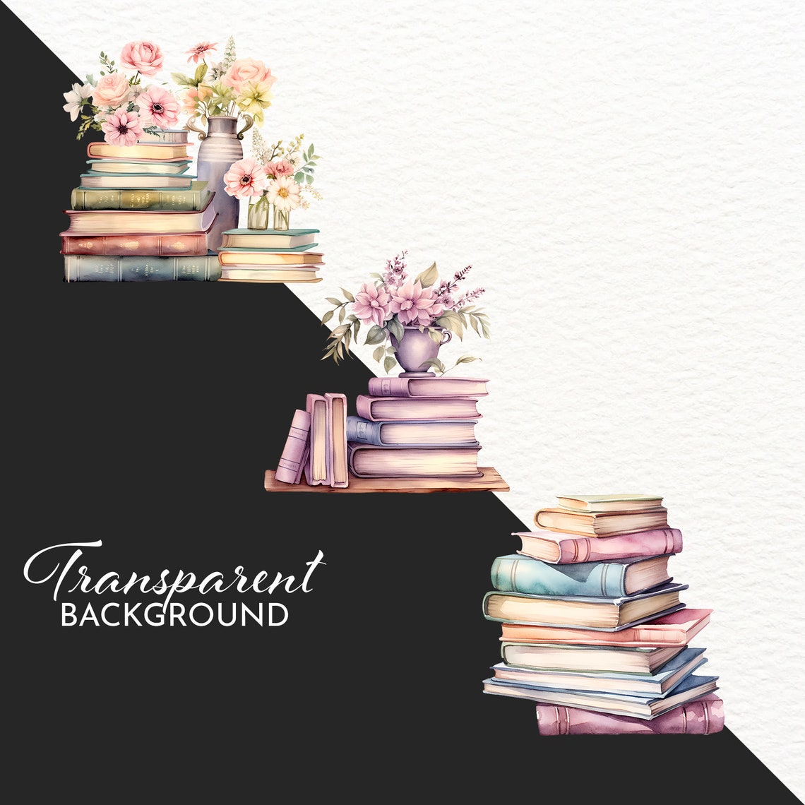 Pastel Cottage Shabby Chic Books Clipart, Book Lover Clipart, Pink Boho ...