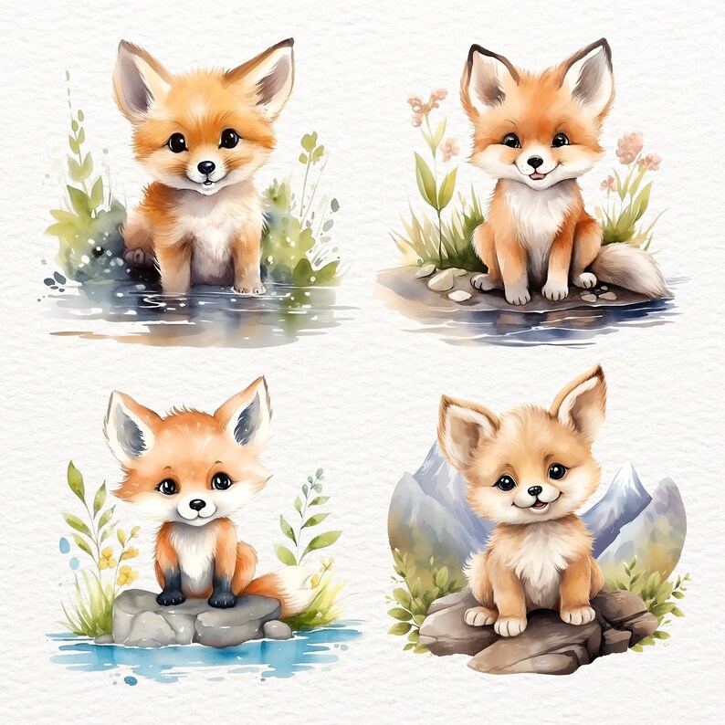Cute Baby Fox Clipart, Watercolor Fox, Baby Shower Clipart, Baby Fox ...