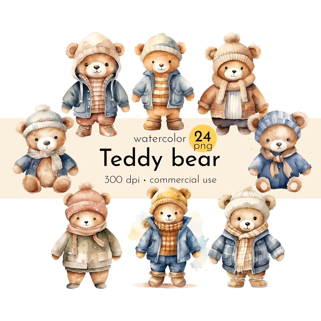 Watercolor Winter Teddy Bear Clipart: Baby Shower PNG Images (commercial Use) - Etsy