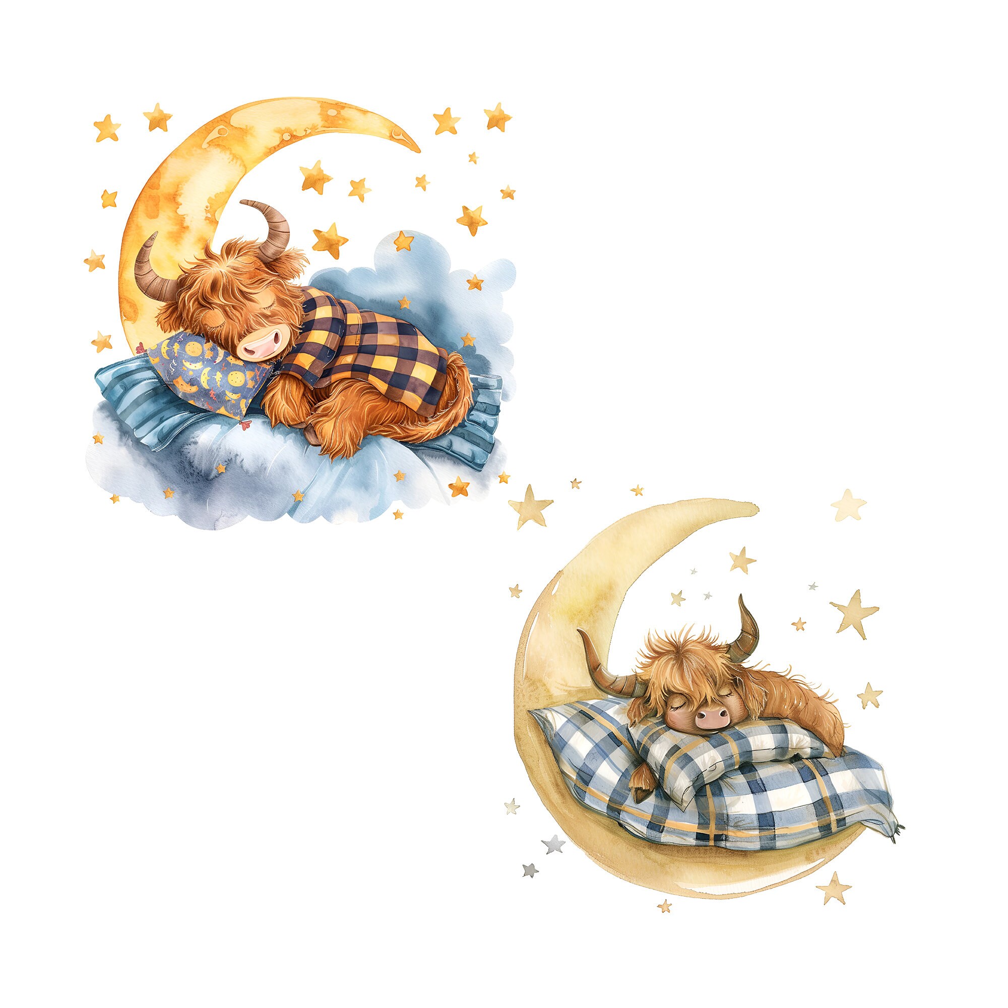 Sleeping Highland Cow Clipart, Cute Baby Cow, Sleeping on the Moon ...