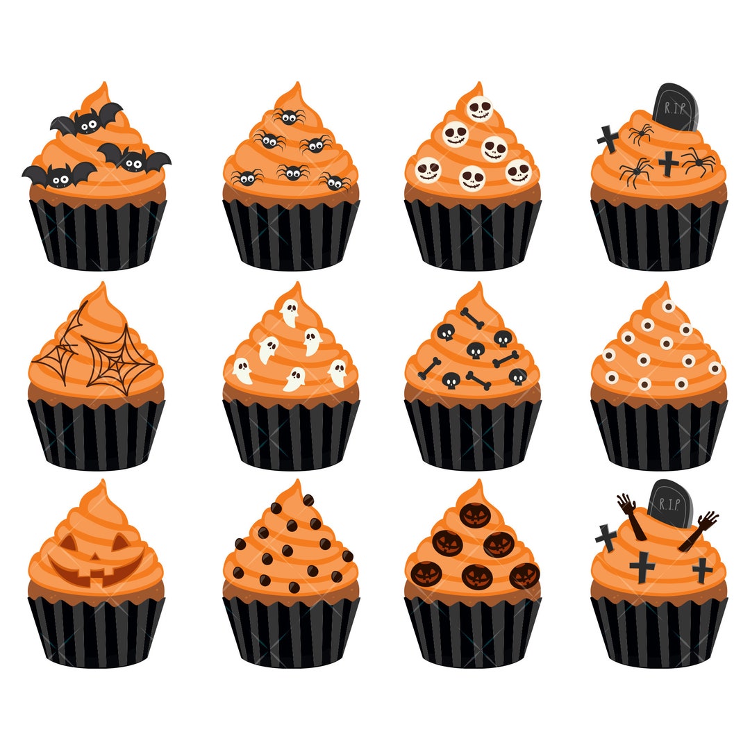 Halloween Cupcakes Clip Art, Monsters, Bat, Spiders, Ghost, Skeleton ...