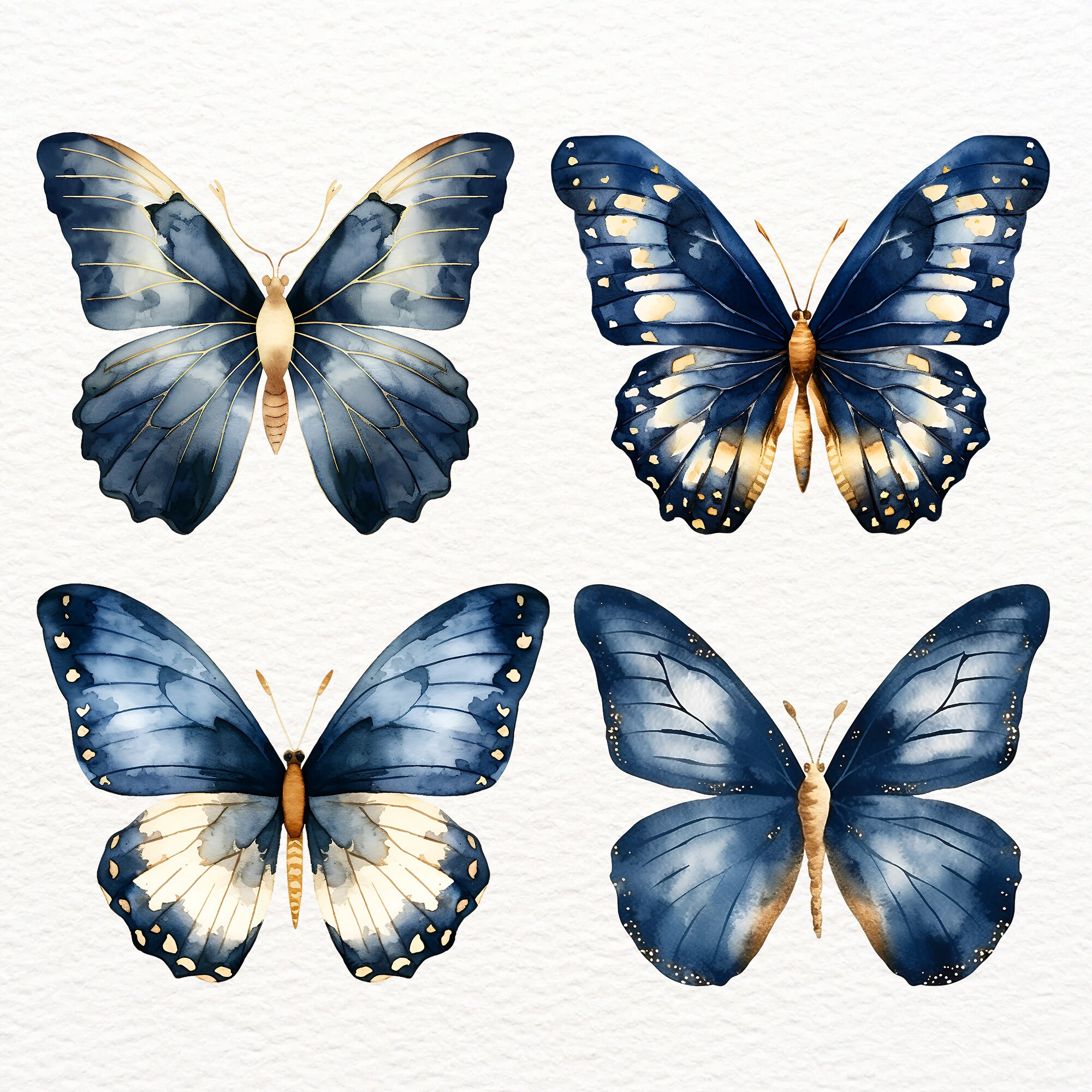 Navy Blue and Gold Butterflies Clipart, Watercolor Insects, Painted ...