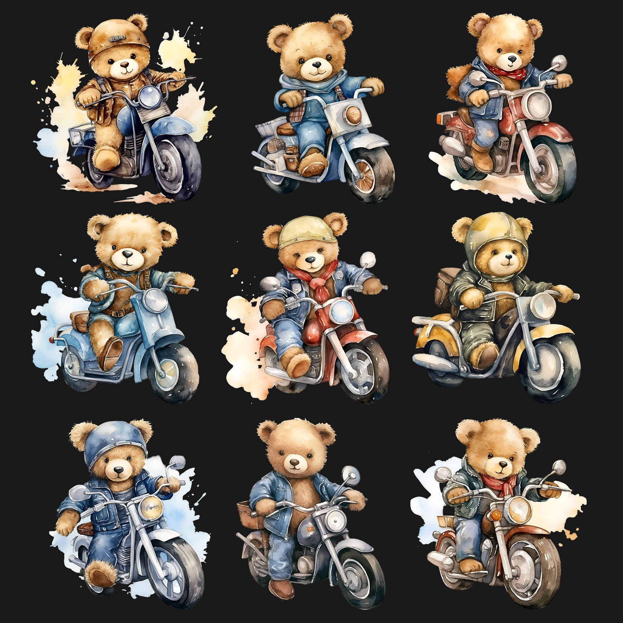 Watercolor Teddy Bear Motorcycle Clipart: 9 PNG Images (commercial Use ...