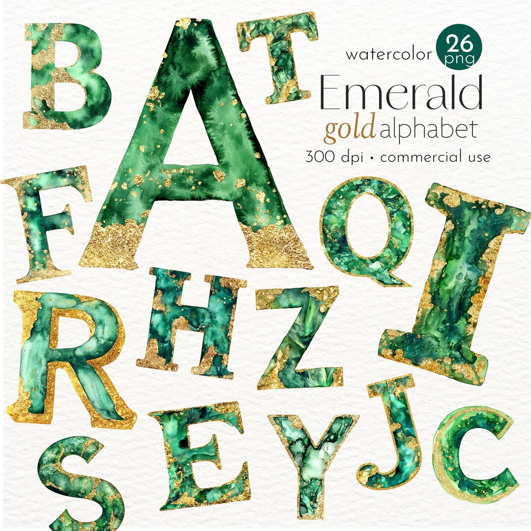 Emerald Gold Watercolor Alphabet Clipart: Commercial Use (instant ...