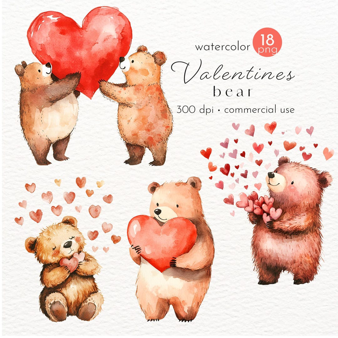 Valentines Bear Clipart, Valentine Bundle Illustration, Cute Watercolor ...