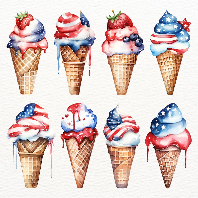 Patriotic Ice Cream Clipart: 4th of July PNG Images (commercial Use) - Etsy