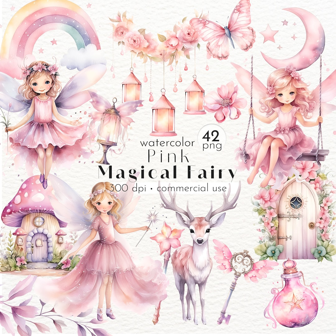 Pink Fairy Clipart: Magical Watercolor PNG Images (commercial Use) - Etsy