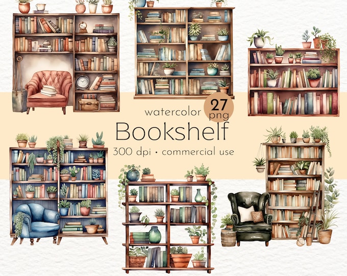 Watercolor Bookshelf Clipart: Library Bookcase Jpgs (commercial Use ...
