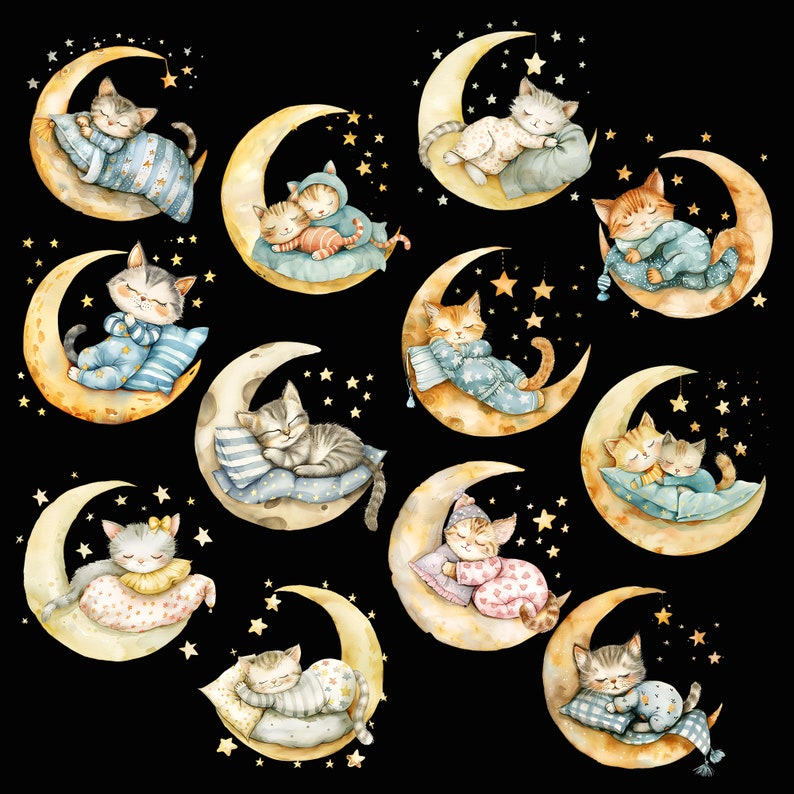 Sleeping Kittens Clipart, Baby Nursery Art, Cute Watercolor Kittens ...