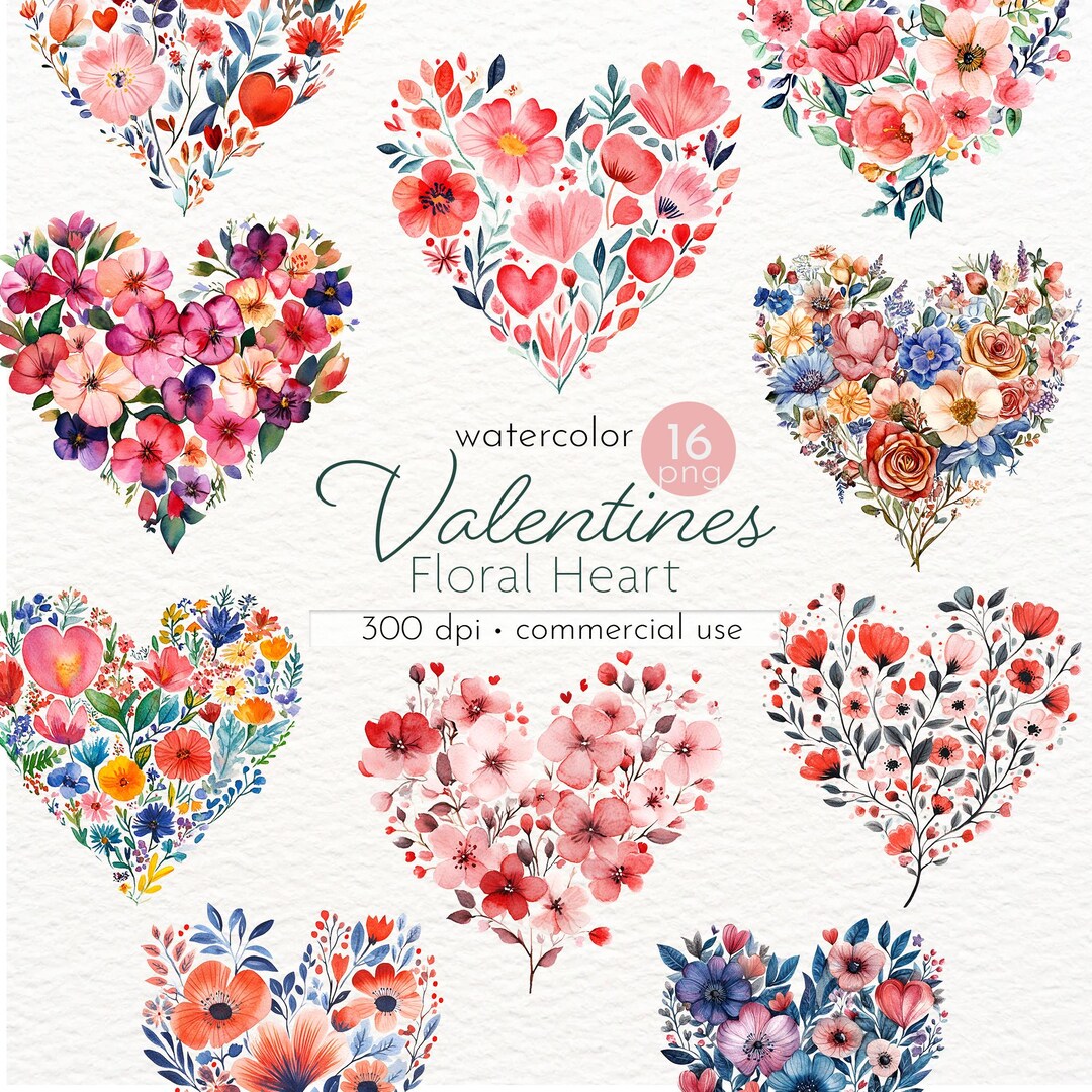 Watercolor Floral Heart Clipart: 16 Valentines Day PNG Images ...