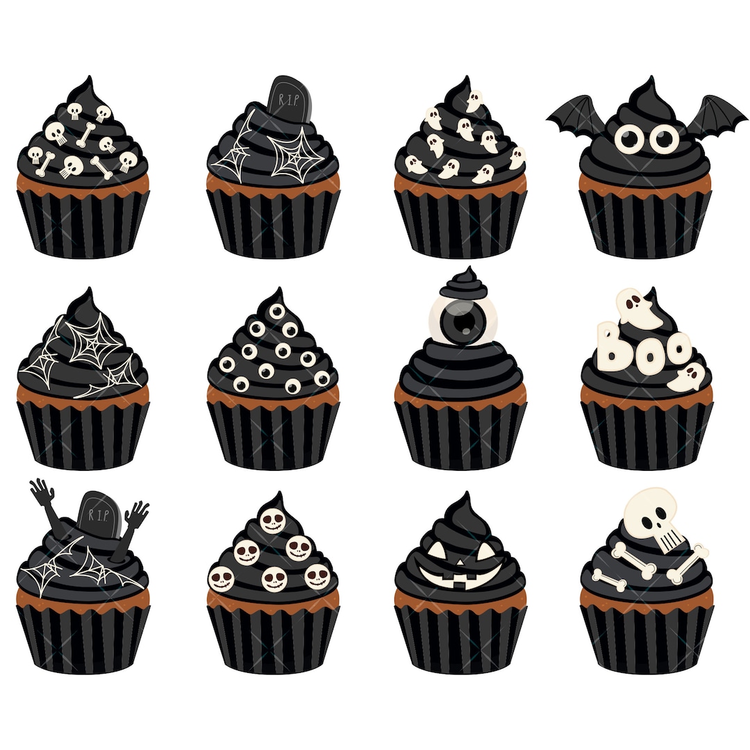 Black Halloween Cupcakes Clip Art, Monsters, Bat, Spiders, Ghost ...