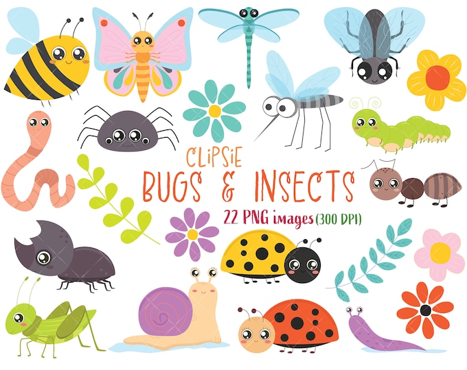 Cute Bugs Clipart, Insects, Spider, Dragonfly, Ant, Fly, Worm, Bees ...