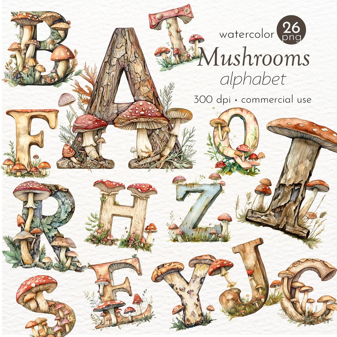Alphabet Mushrooms Clipart, Alphabet Letter Clipart, Watercolor ...