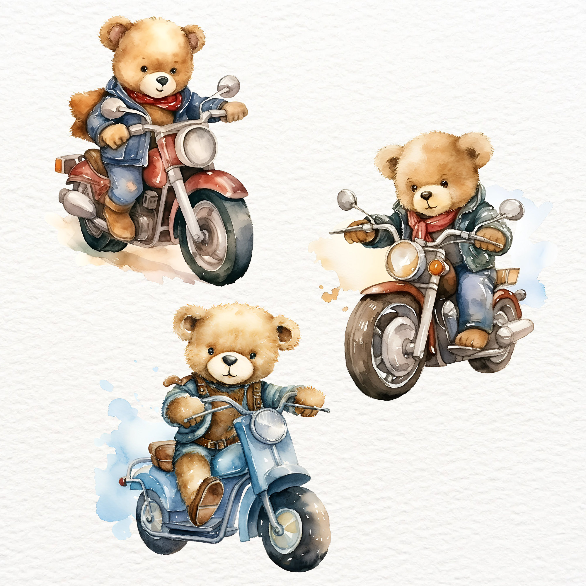 Watercolor Teddy Bear Motorcycle Clipart: 9 PNG Images (commercial Use ...