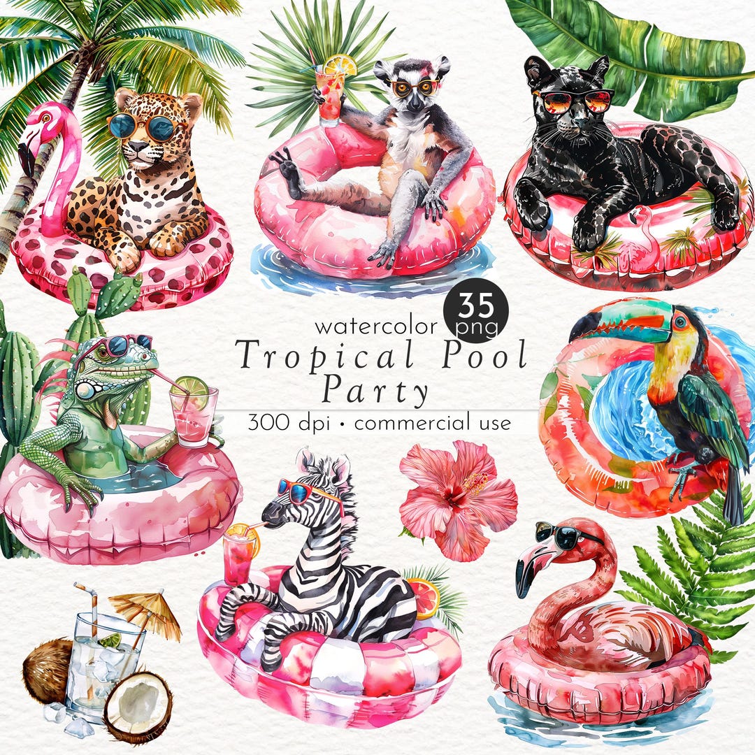 Tropical Pool Party Clipart, Animal Clipart, Tropical Floral Clip Art ...