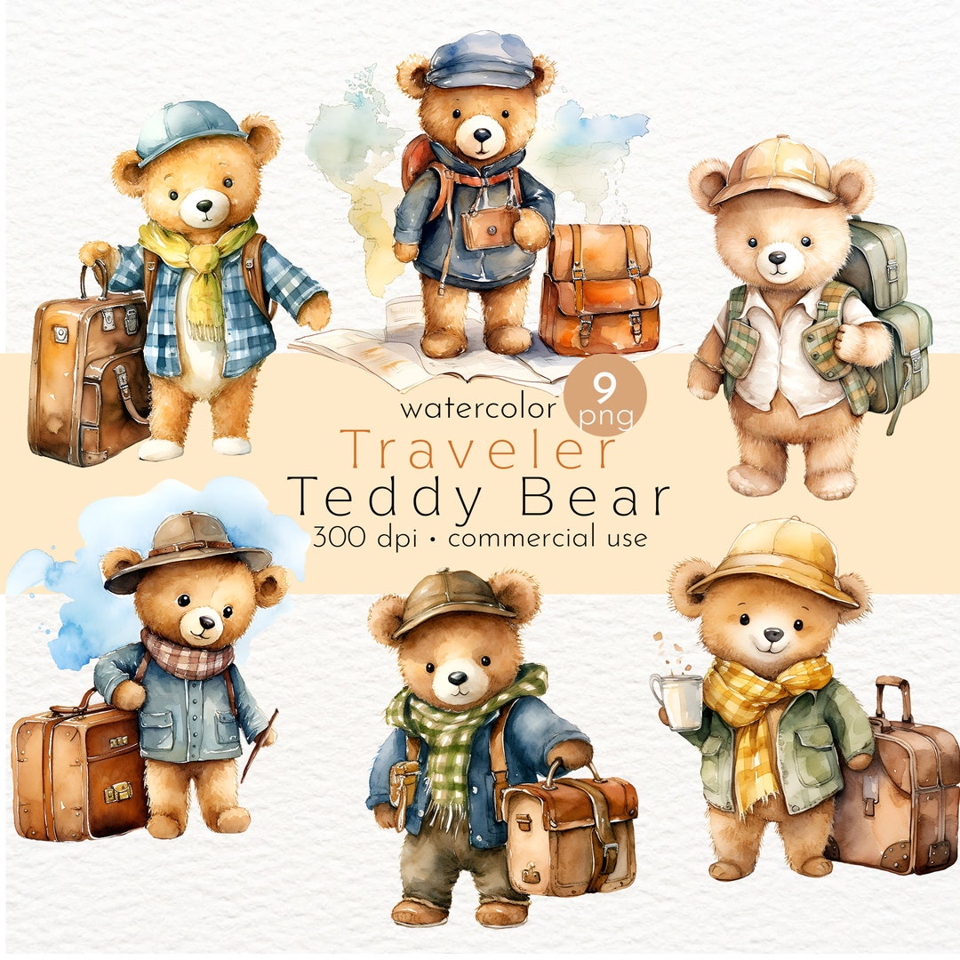 Watercolor Travel Teddy Bear Clipart: 9 PNG Images (commercial Use ...