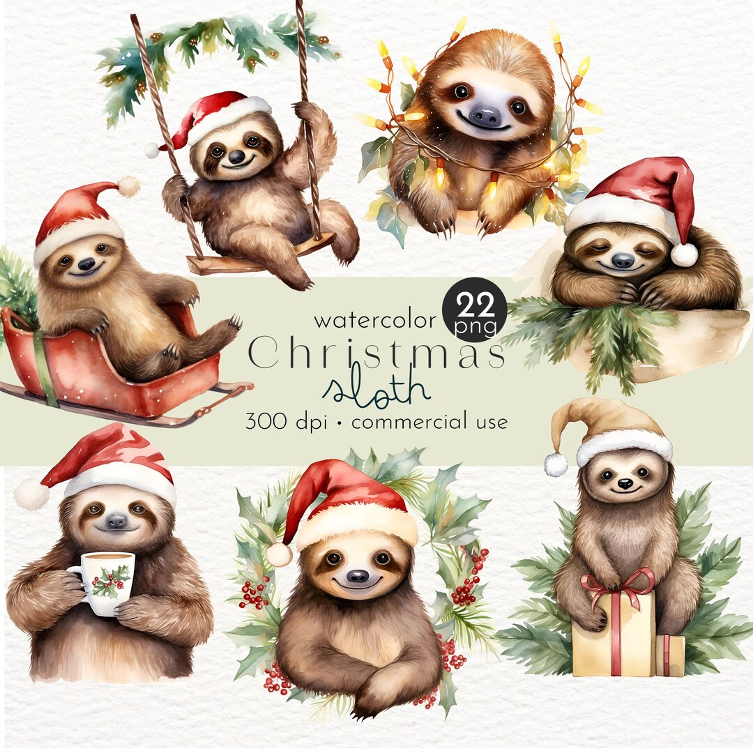Christmas Sloth Clipart: Holiday PNG Graphics (commercial Use) - Etsy