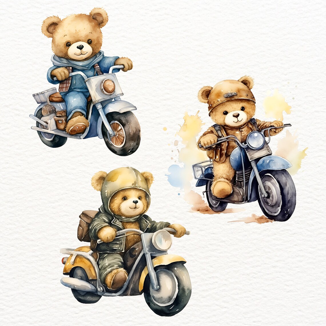 Watercolor Teddy Bear Motorcycle Clipart: 9 PNG Images (commercial Use ...