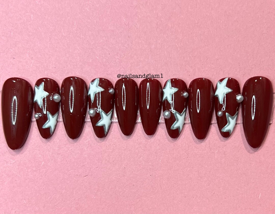 Maroon Nails With Pearls & White and Silver Stars Press on Nails UK ...