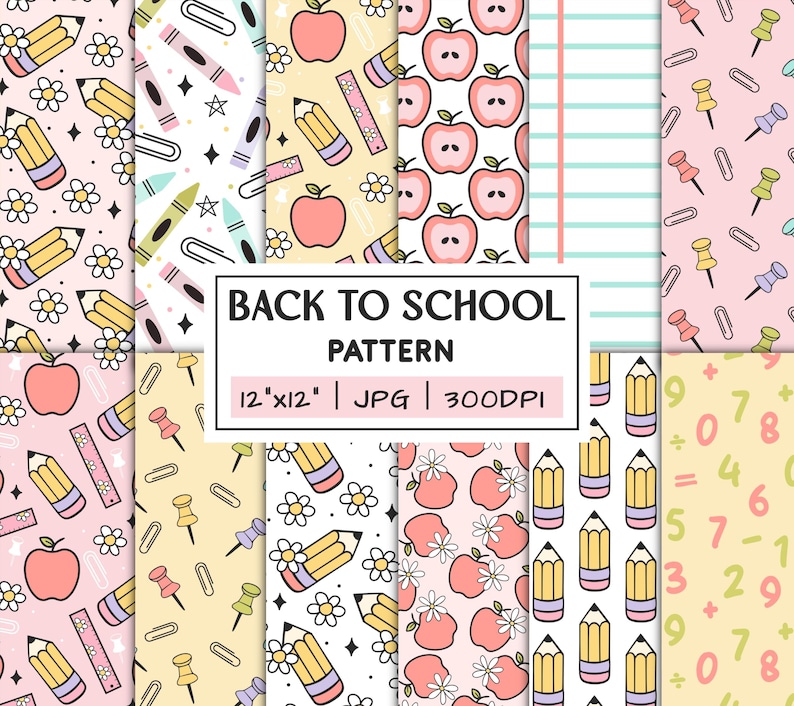Back to School Digital Papers, Seamless Repeat Printable Pattern ...