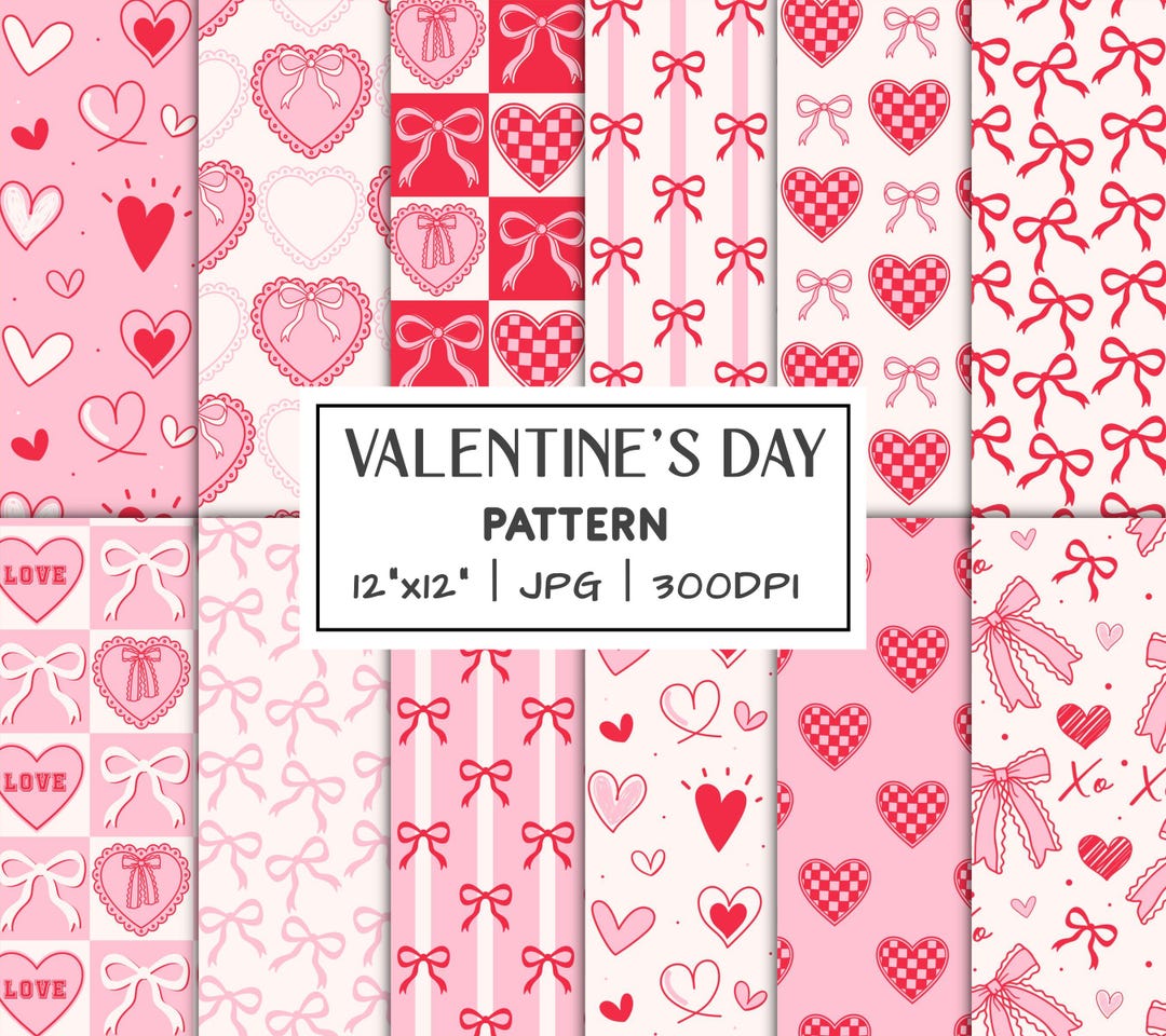 Valentine's Day Digital Paper, Seamless Pattern File, Coquette Bow ...