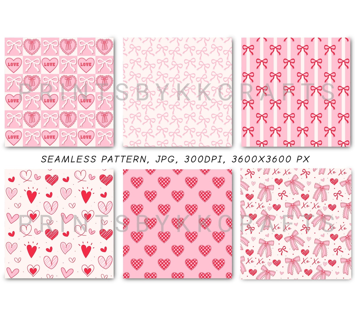 Valentine's Day Digital Paper, Seamless Pattern File, Coquette Bow ...