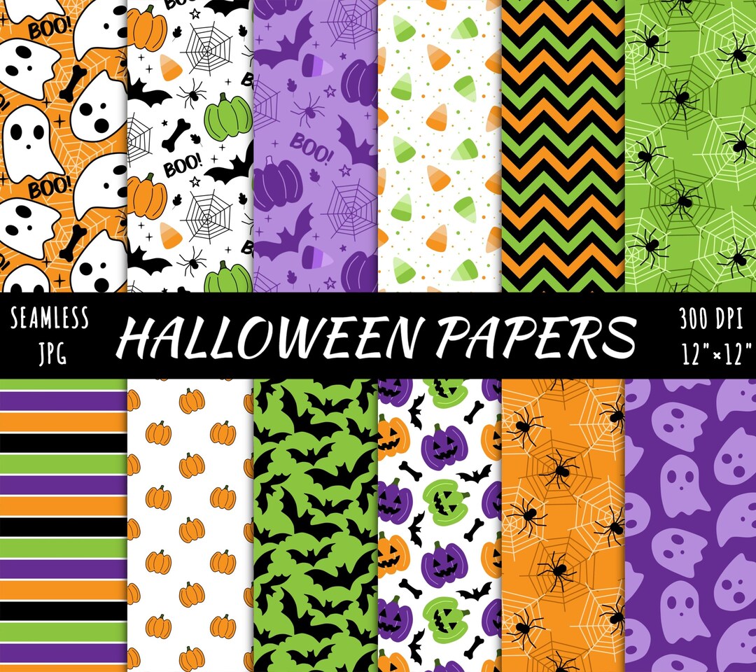 24 Cute Halloween Digital Papers, Spooky Ghost Pumpkin Seamless Pattern ...