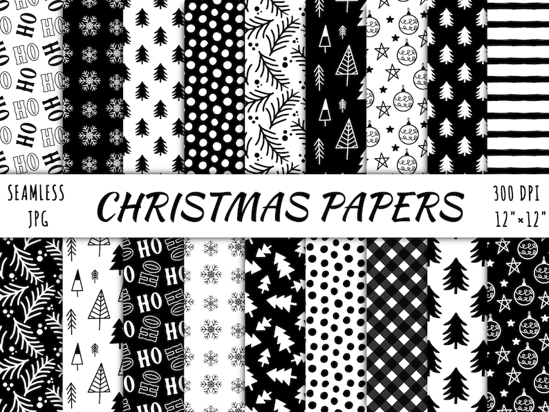 Black and White Christmas Digital Papers, Seamless Repeat Printable ...