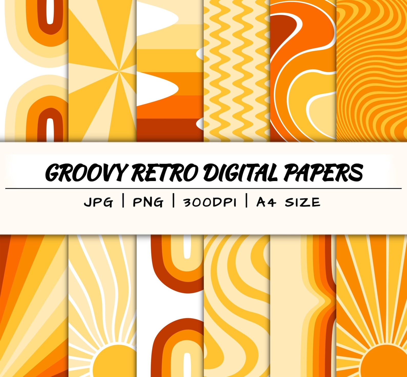 Groovy Retro Digital Papers, Jpg, Png, 70s Background, Commercial Use ...