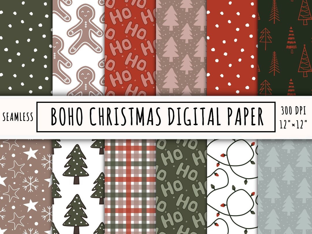 Boho Christmas Digital Paper Pack, Seamless Repeat Xmas Textures, 12 ...