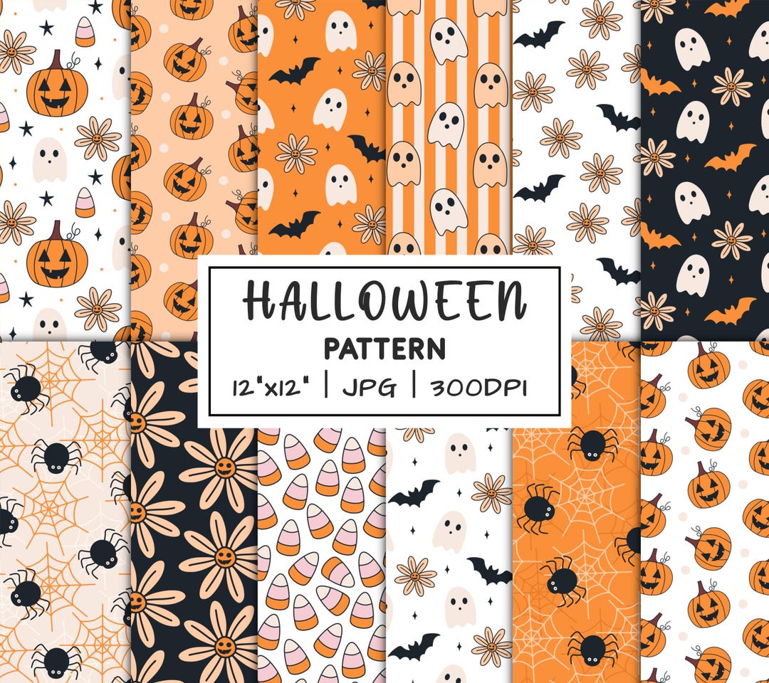Orange Black Halloween Digital Paper, Pumpkin Seamless Patterns, Spooky ...