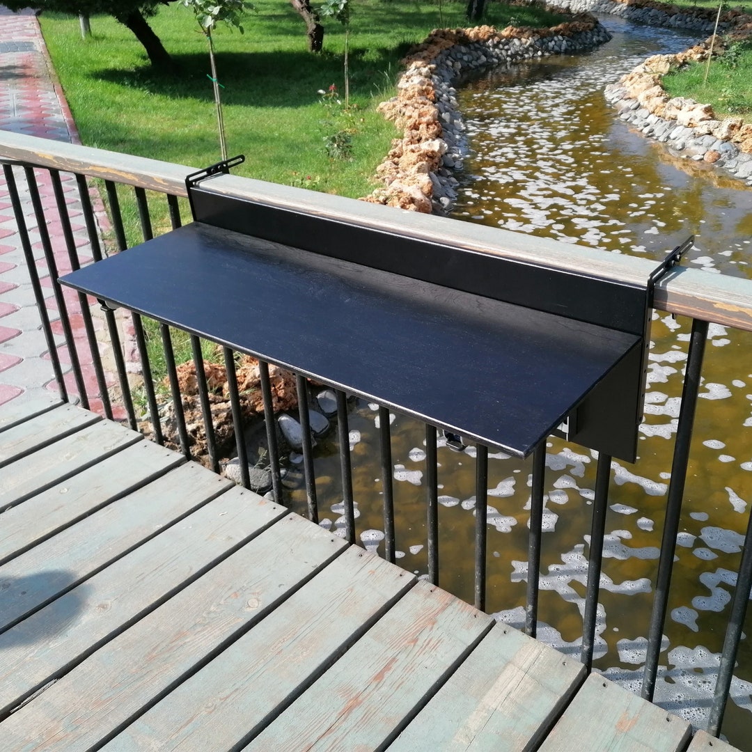 Black Balcony Table Space Saver, Balcony Bar Table for Railing, Wooden ...