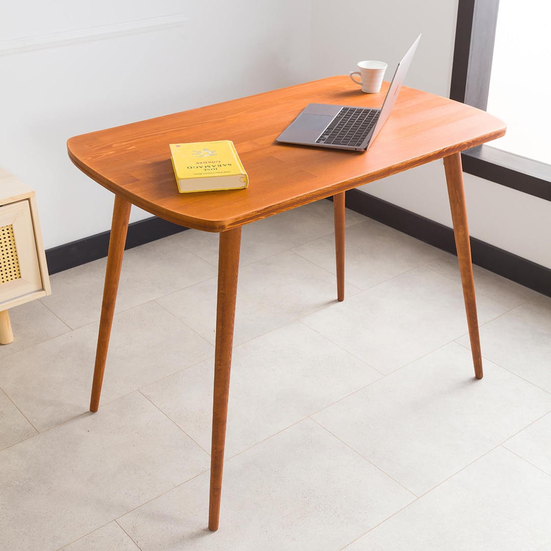 Oval Laptop Computer Desk, Mid Century Modern Pine Wood Top Writing ...