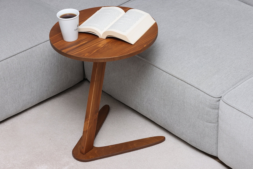 Walnut C Shape End Side Table, Round Wooden Z Coffee Table for Sofa ...