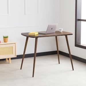 Oval Dark Walnut Wood Computer Desk Table, Minimalist Laptop Desk Table ...