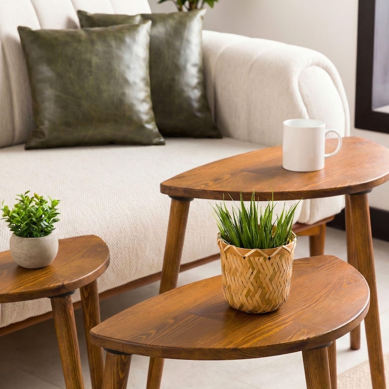 Nesting End Side Coffee Table Set of 3 Solid Pine Wood, Mid Century ...