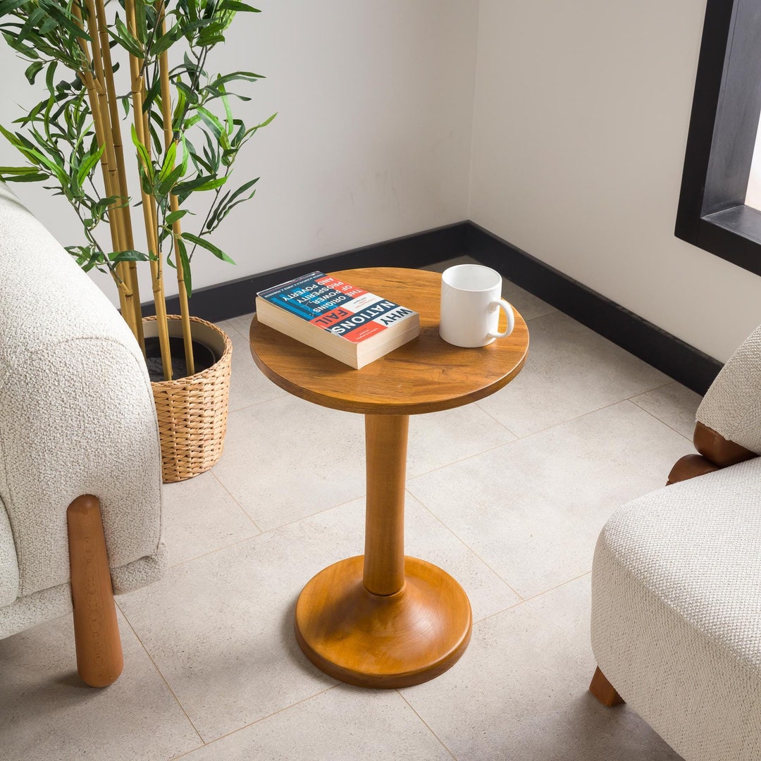 Round End Side Table With Pedestal Leg Solid Oak Wood Coffee Table, Couch Coffee Table With One ...