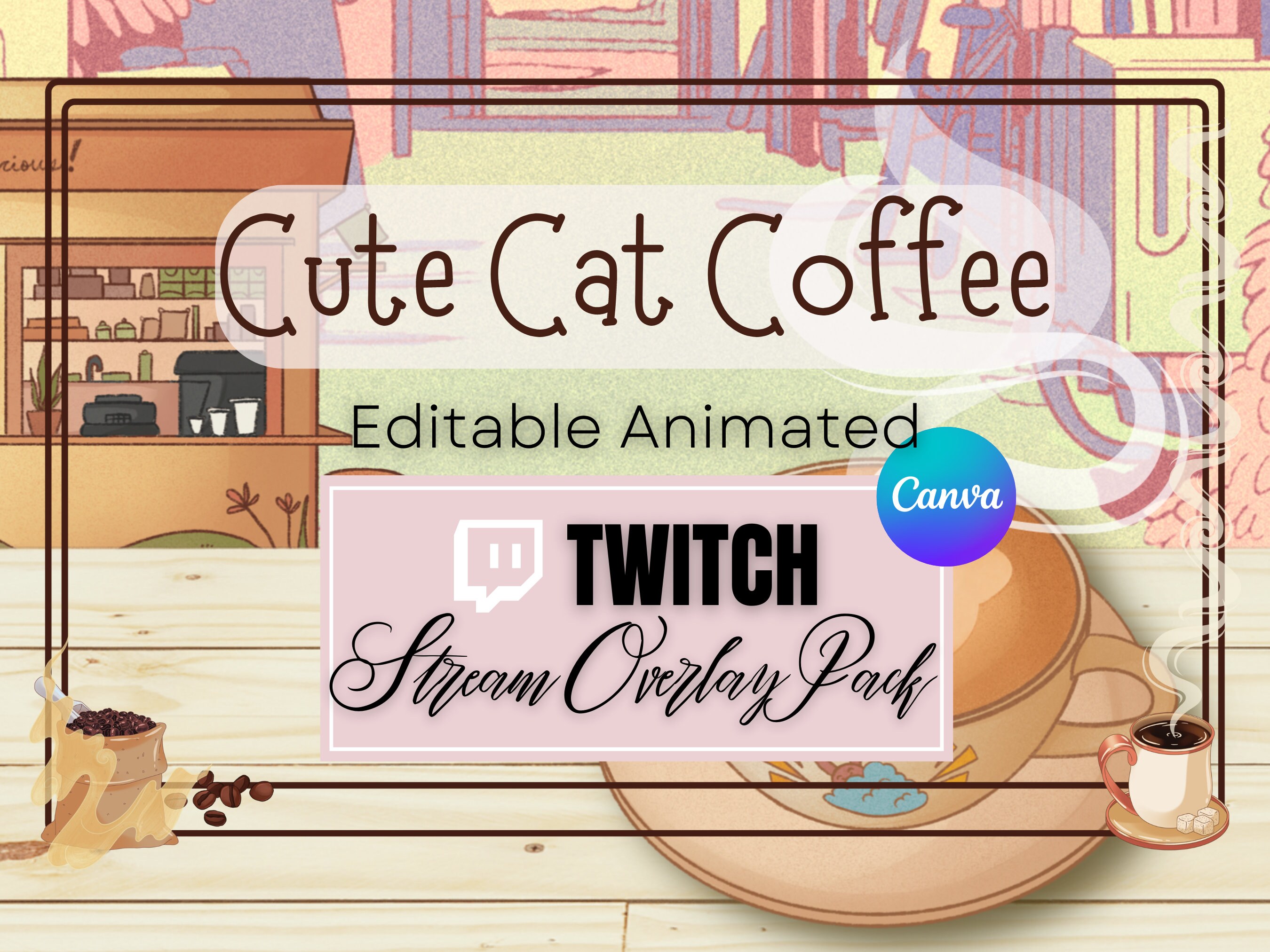 Customizable Animated Twitch Overlay Cute Cat Coffee Aesthetic Stream ...