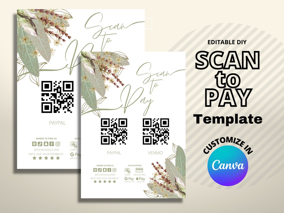 Editable Scan to Pay Sign, Printable Payment Template, Sage Green Card ...