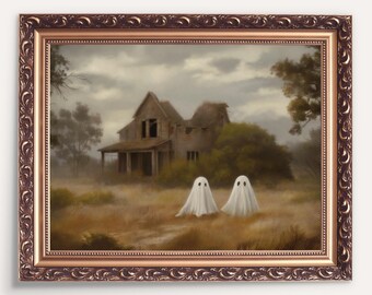 Cute Ghosts in Fall Meadow W/ Haunted House, Vintage Ghost Painting ...