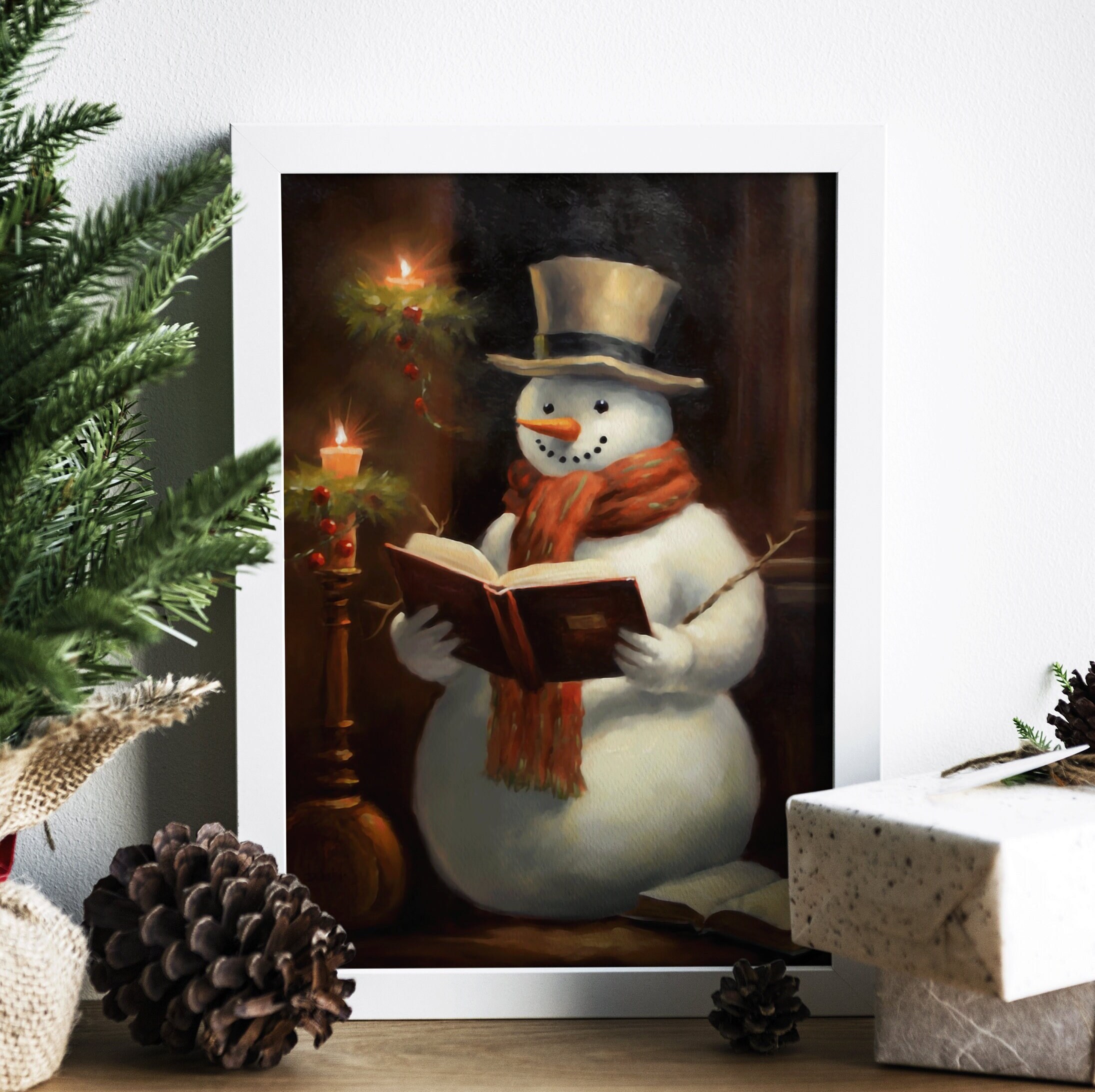 Printable Charming Vintage Christmas Snowman Reading Book Christmas Oil ...
