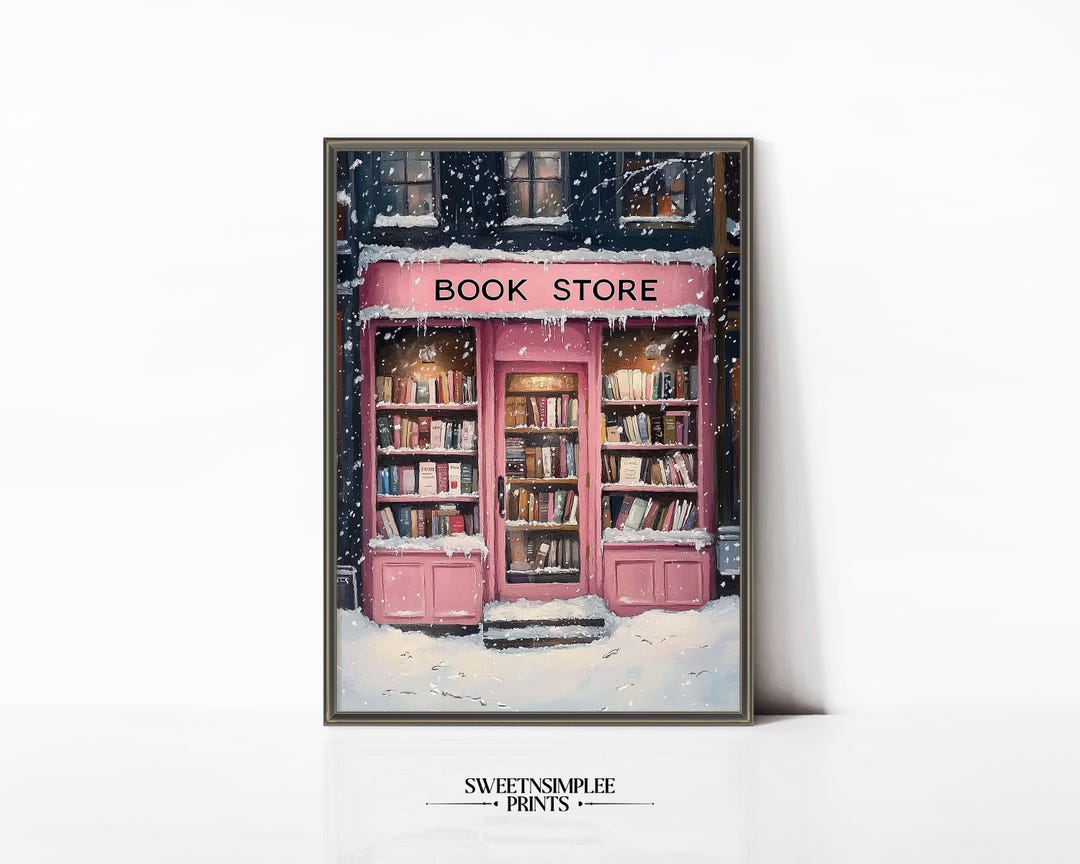 Winter Bookstore Printable Wall Art Cozy Christmas Bookshop Decor ...