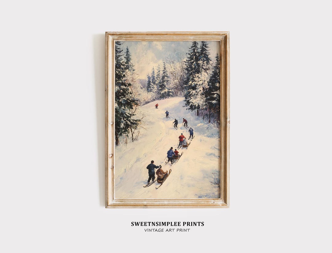Holiday Wall Art Snowy Christmas Scene Vintage Nordic Sledding Print ...