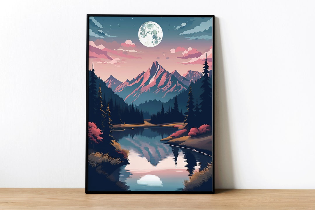 Stunning Landscape Poster Mountain Range With Big Moon Art - Etsy