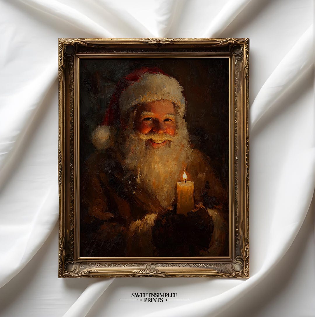 Moody Vintage Santa Wall Art Rustic Candlelit Santa Oil Painting Dark ...